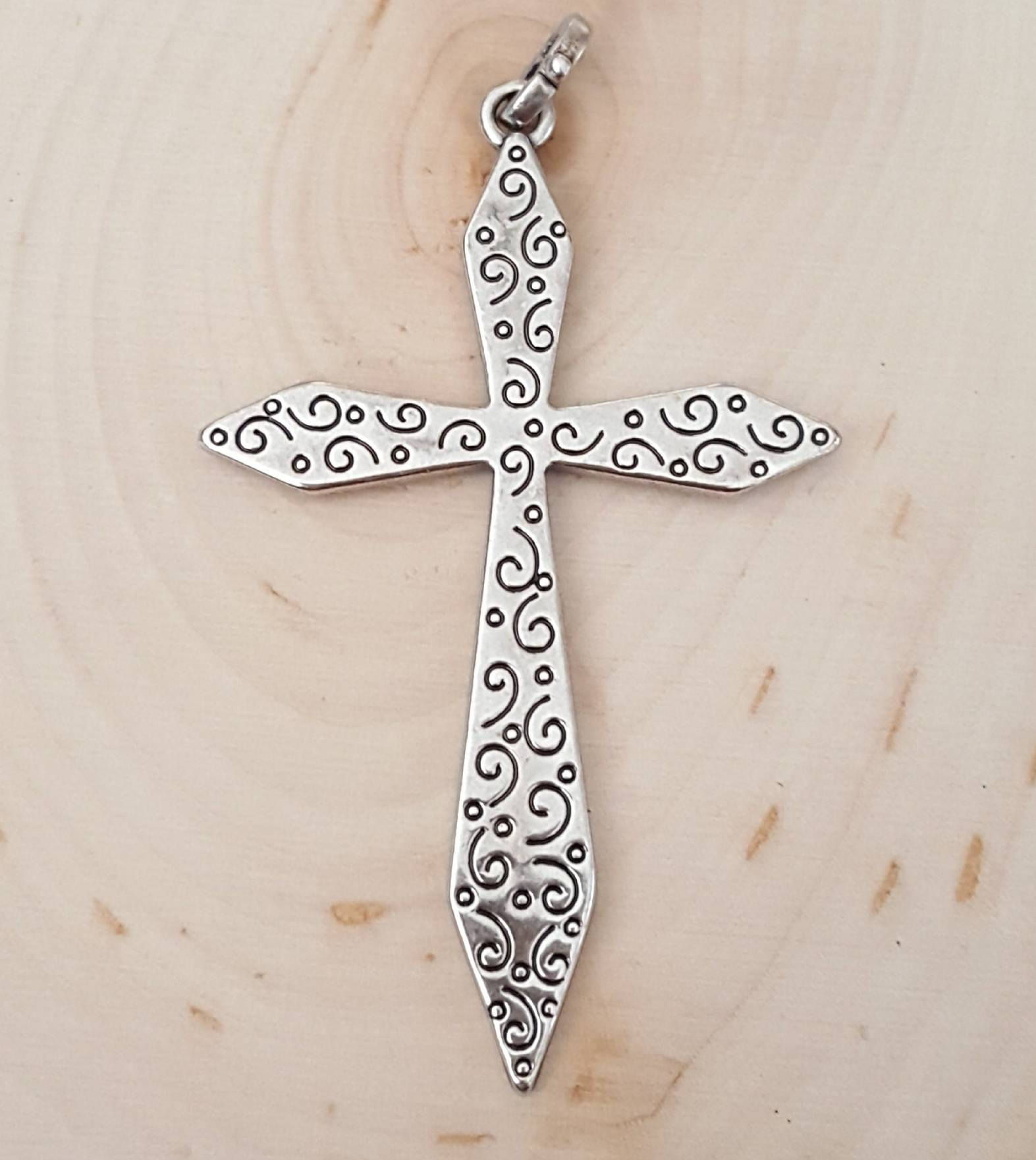 Large Silver Cross Pendant Antique Silver Engraved Cross With - Etsy