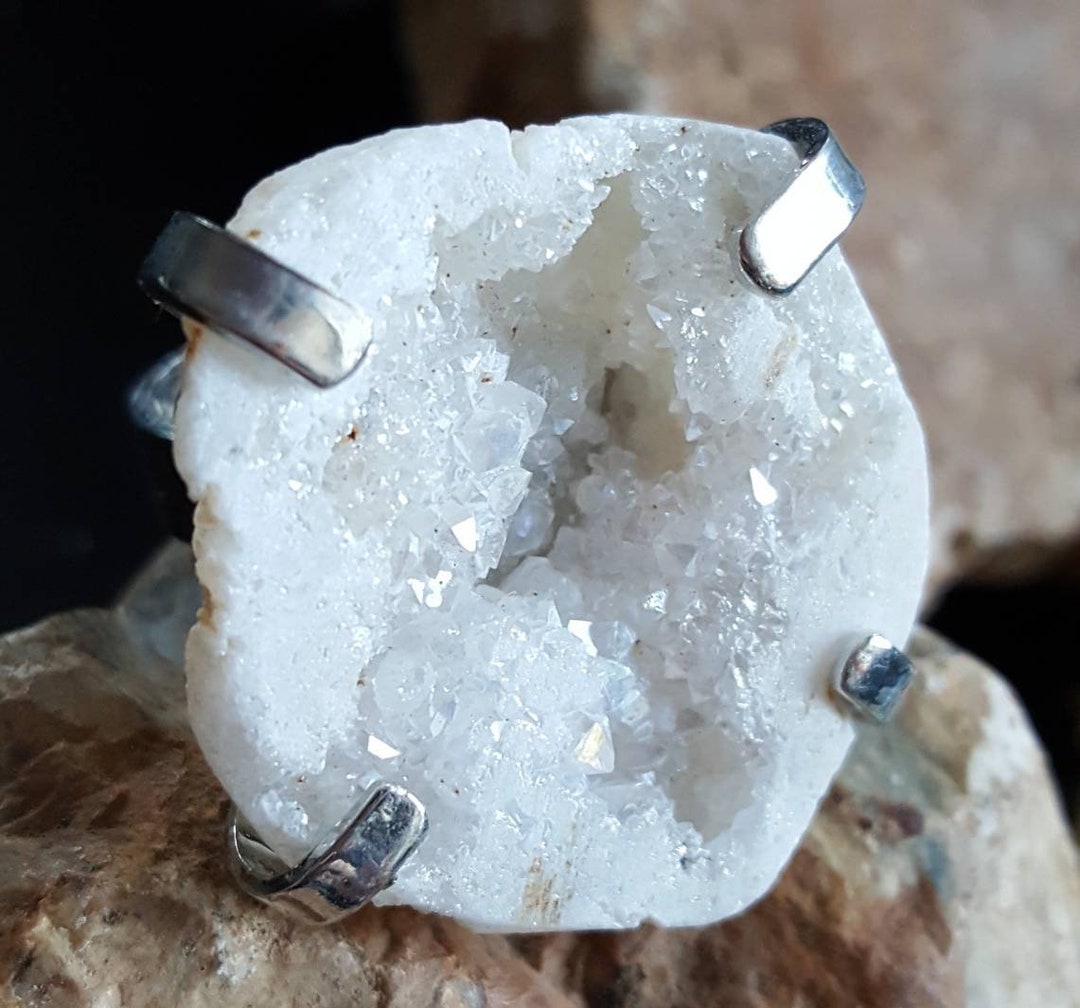White Geode Ring, White Druzy Ring, White Crystal Ring, Adjustable ...