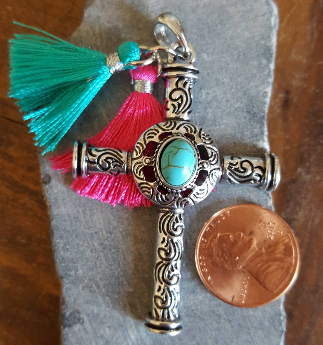 Colorful Silver Cross Pendant, Large Turquoise Cross With Tassels ...