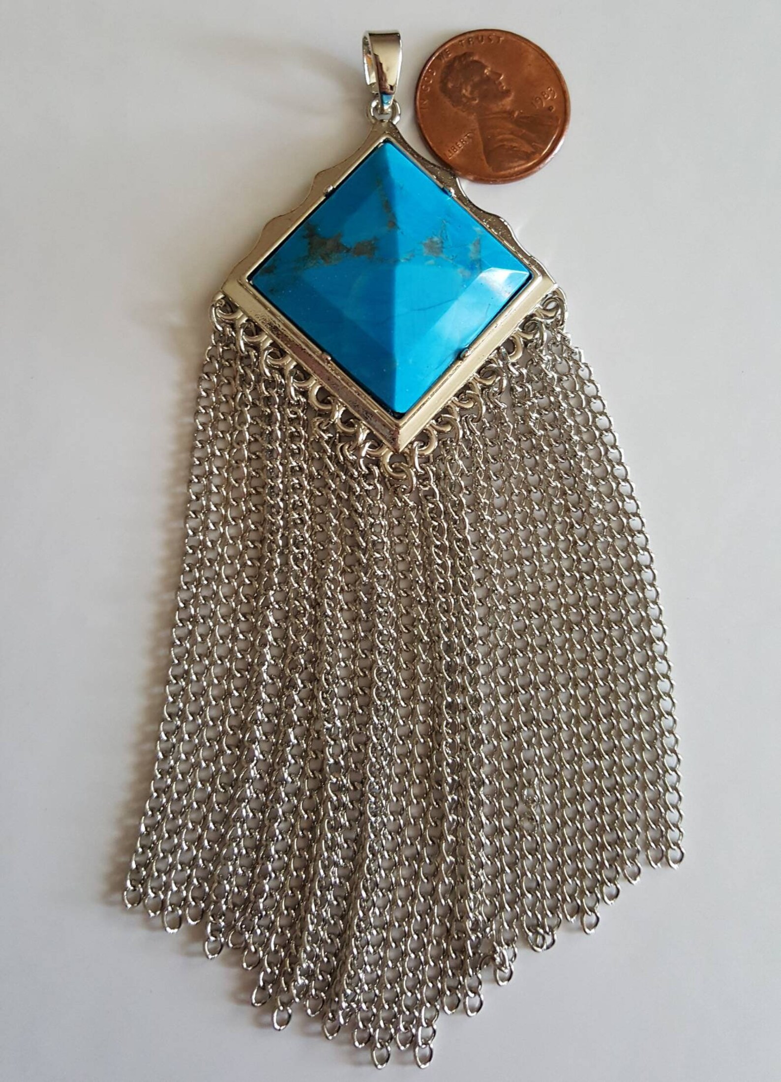 Turquoise Blue Pendant With Silver Tassel, Blue Gemstone Tassel Pendant ...