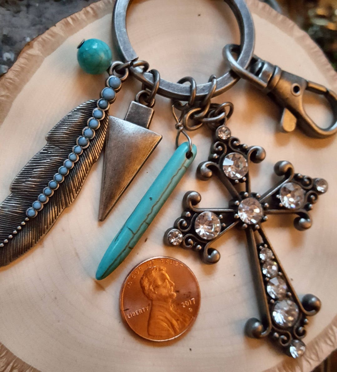 Crystal Cross Keychain, Silver Southwestern Keychain With Feather Cross ...