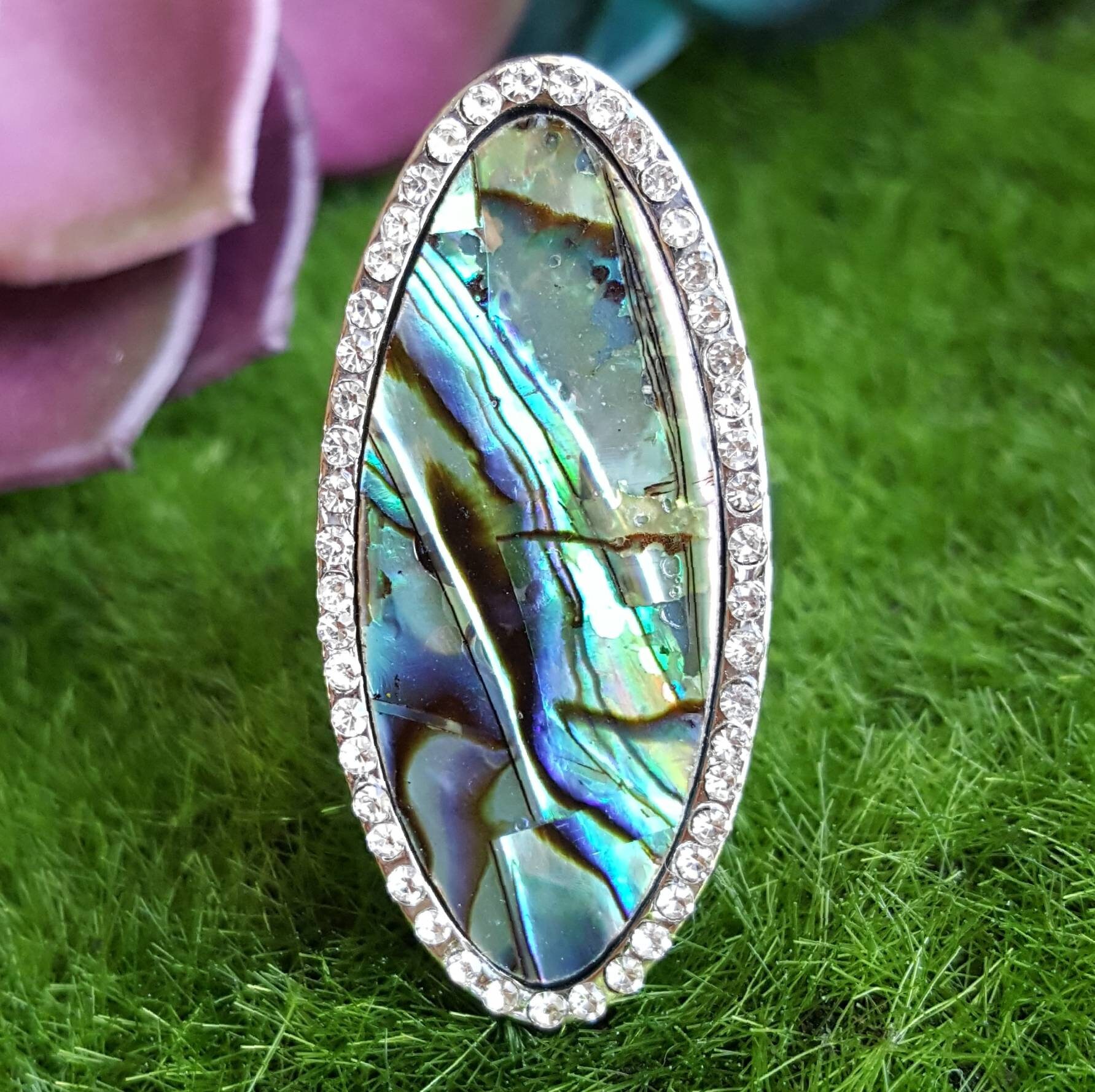 Blue abalone ring abalone inlay shell ring pave crystal | Etsy