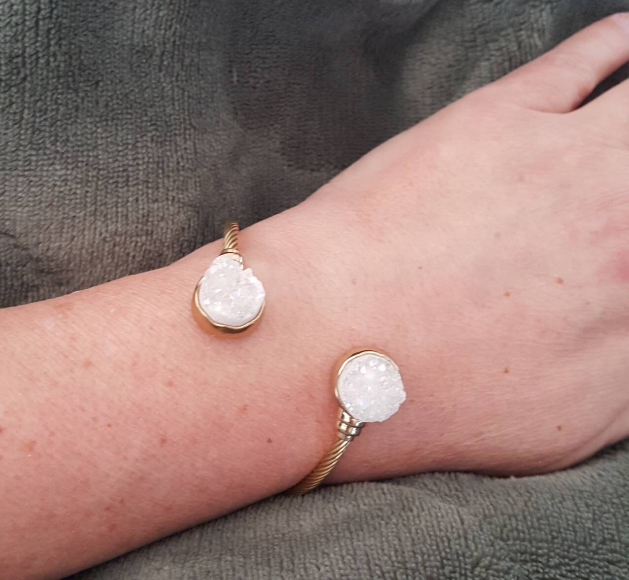 White Druzy Bracelet, Sparkly Druzy Crystal Bracelet, Gold Flexible ...