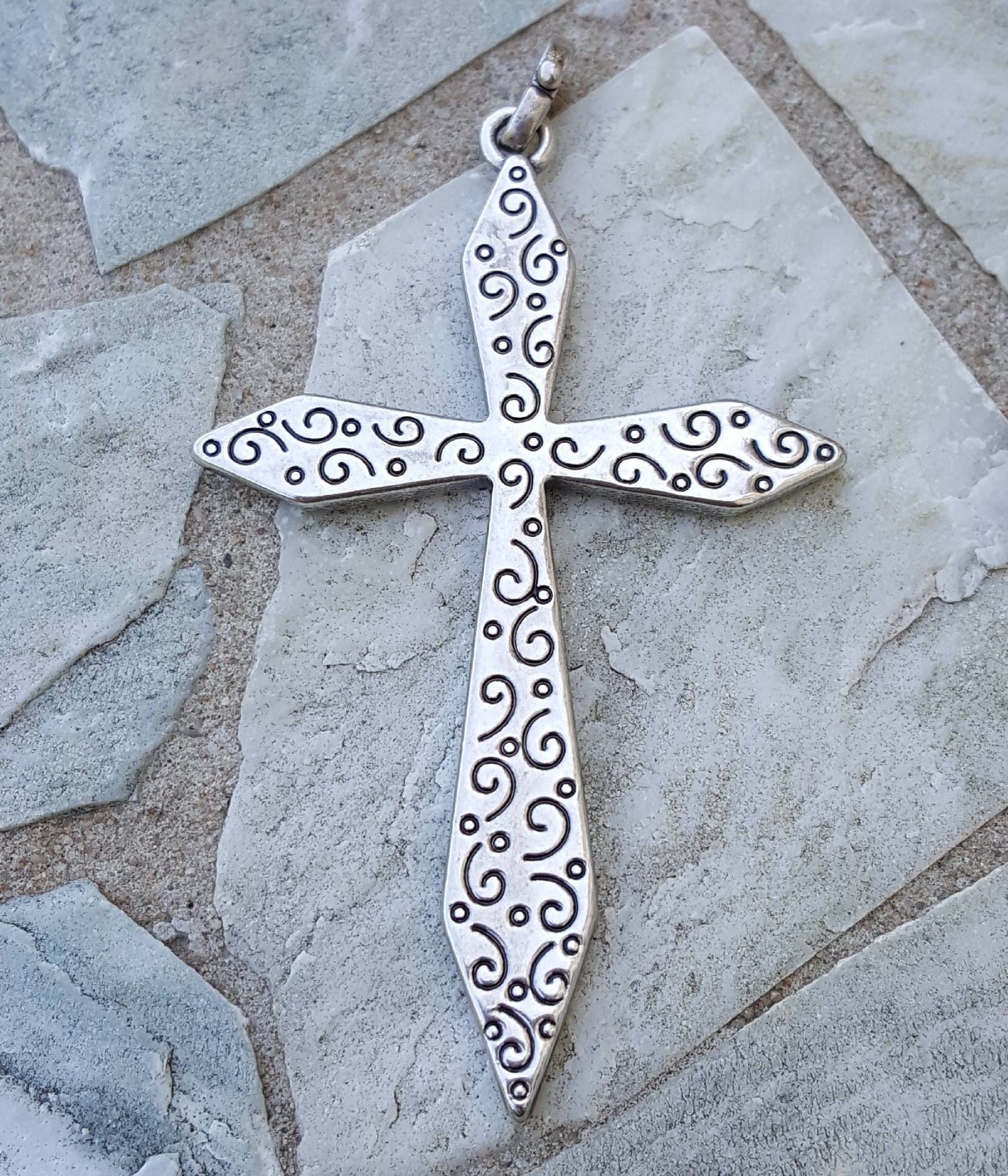 Large Silver Cross Pendant Antique Silver Engraved Cross With - Etsy