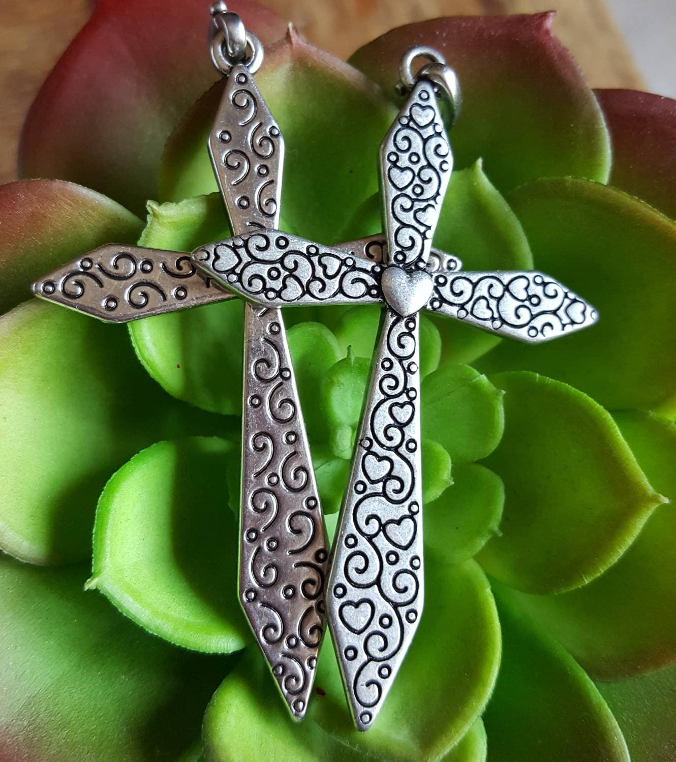 Large silver cross pendant antique silver engraved cross with | Etsy