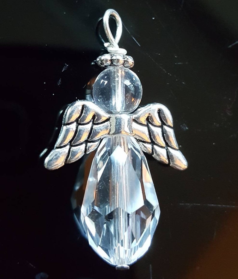 Silver Angel Charm, Clear Beaded Angel, Clear Crystal Angel Pendant for ...