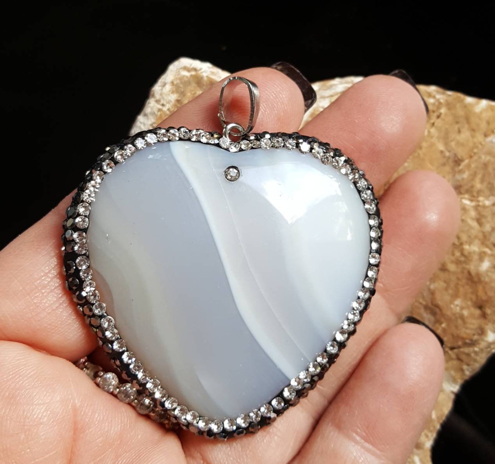 Gray White Stone Heart Pendant, Pave Crystal Stone Heart Pendant ...