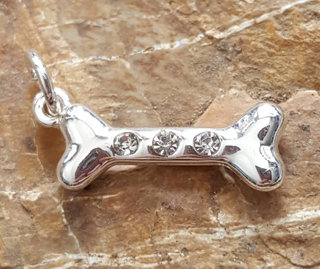 Silver Dog Bone Charm With Crystals, Tiny Dogbone Charm Silver Pave ...