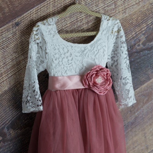 White Lace Flower Girl Dress Dusty Rose Tulle Wedding Dress Etsy