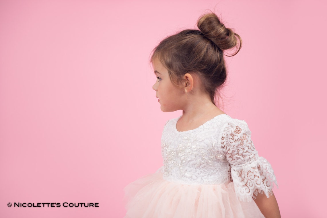 Blush Pink Tulle Flower Girl Dress White Lace Bell Sleeve Etsy