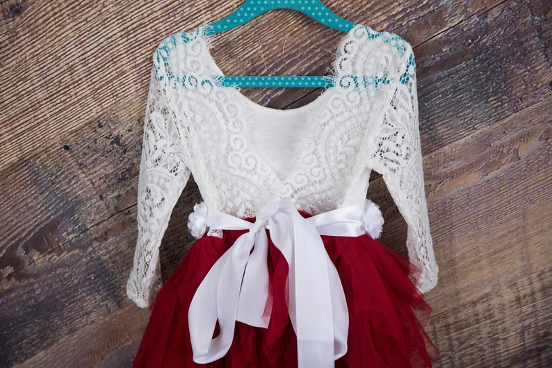 Burgundy Tulle Flower Girl Dress White Lace Long Sleeve Girls Etsy