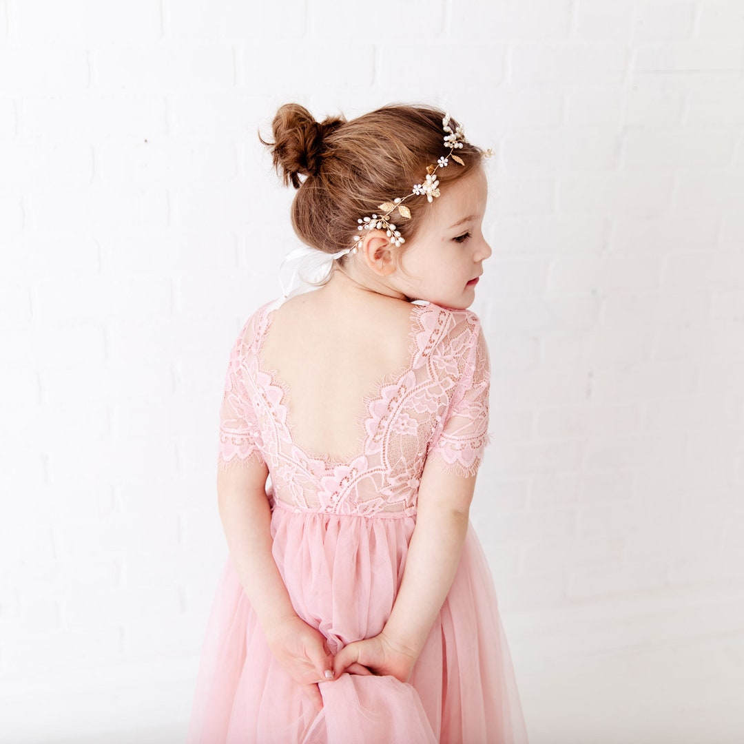 Boho Blush Tulle Flower Girl Dress, Pink Rustic Wedding Dress for Girls ...
