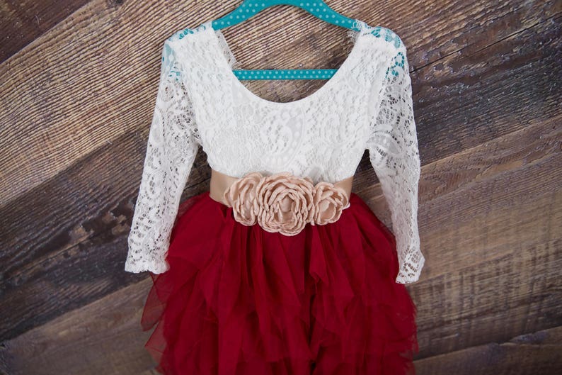 Burgundy Tulle Flower Girl Dress White Lace Long Sleeve Girls Etsy