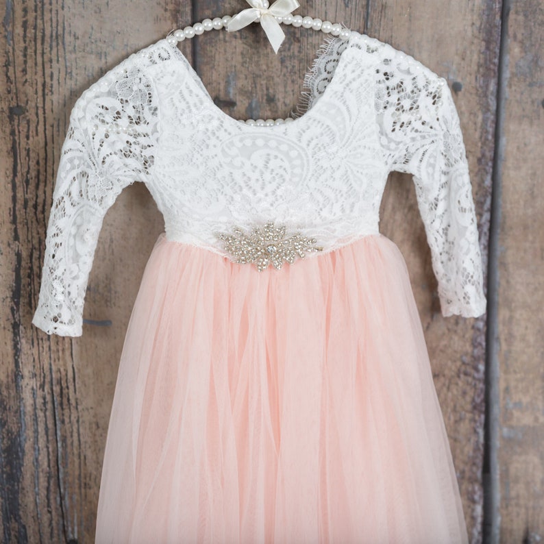 Lace Flower Girl Dress Blush Pink Tulle Long Sleeve Wedding Etsy