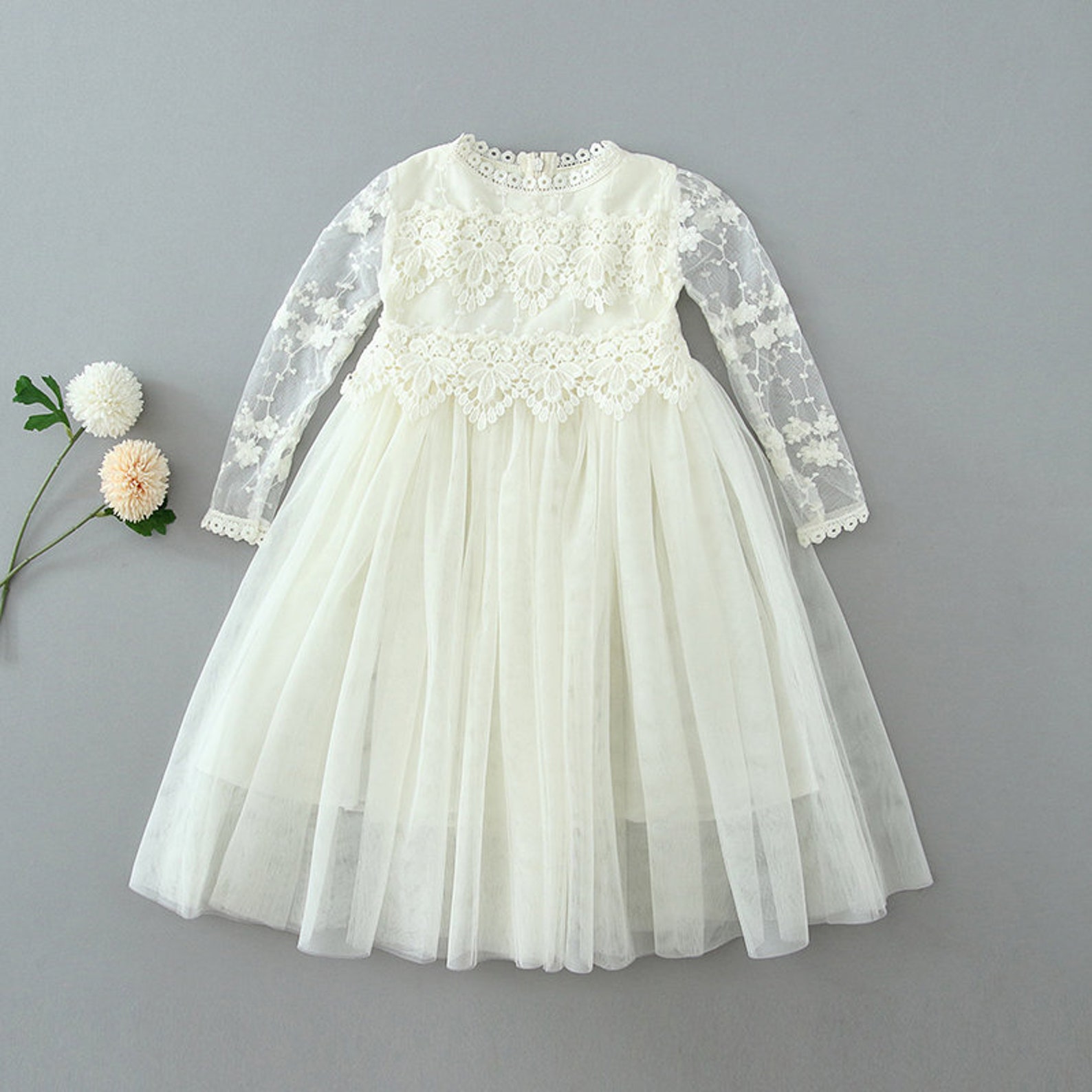 Boho Lace Flower Girl Dress Rustic Ivory Tulle Wedding Dress Etsy