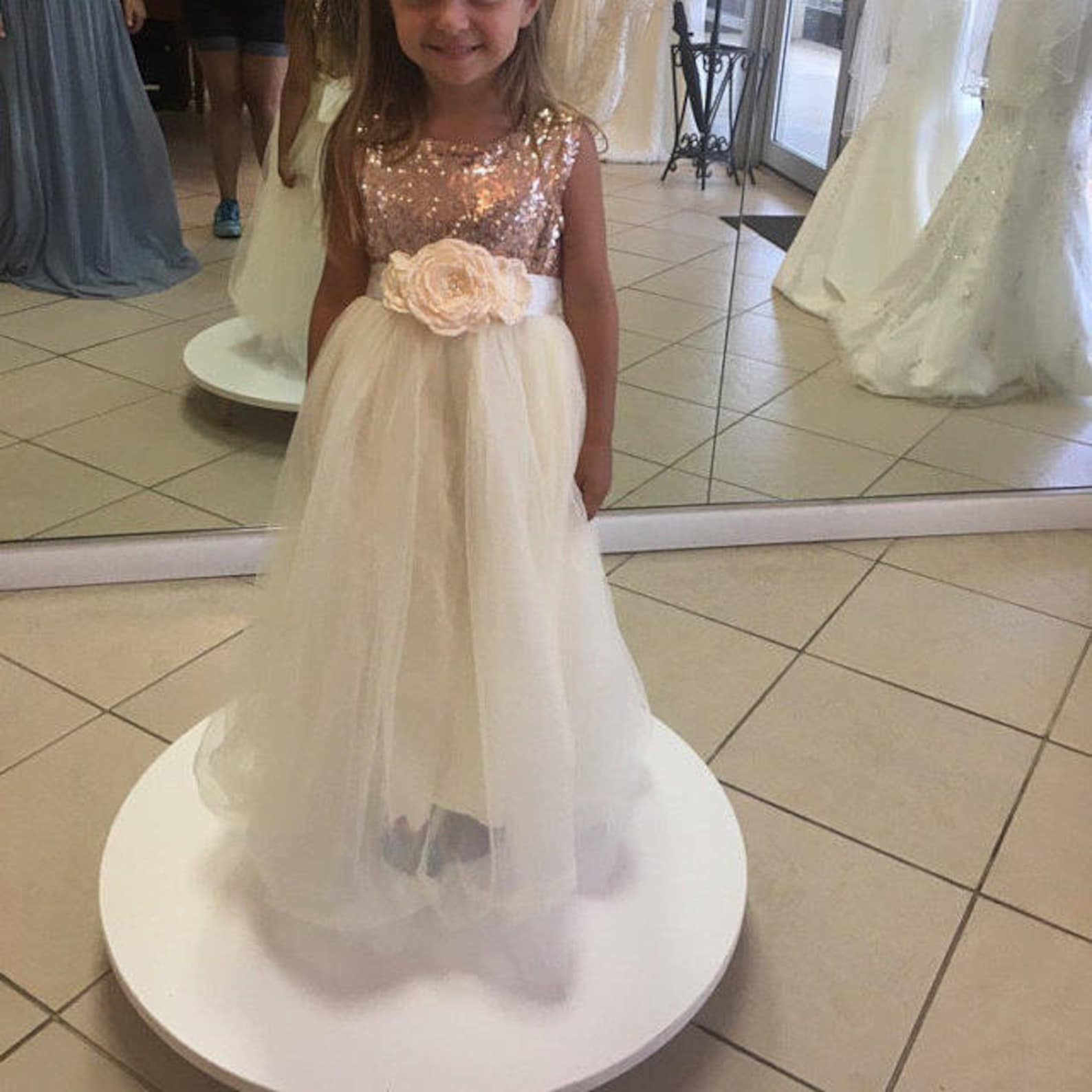 Cream Flower Girl Dress, Rose Gold Sequin Top, Floor Length Tutu Dress ...