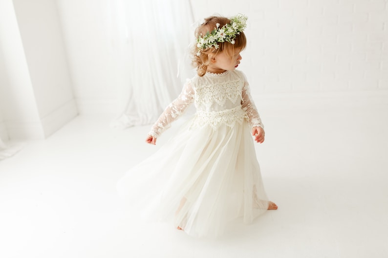 Long Sleeve Lace Flower Girl Dress Rustic Tulle Wedding Etsy