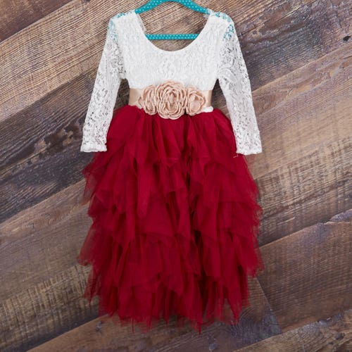 White Lace Flower Girl Dress Burgundy Tulle Long Sleeve Etsy