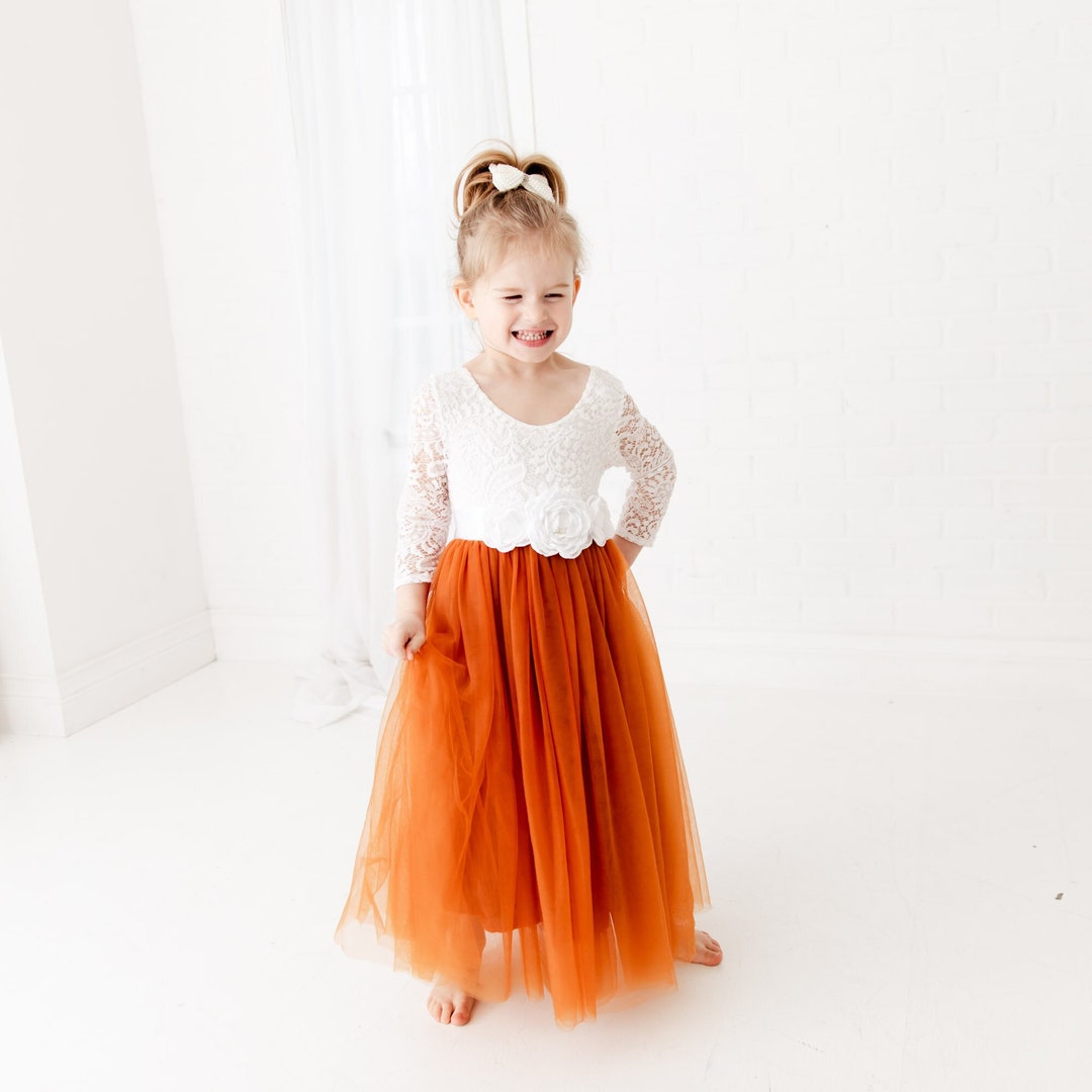Boho Tulle Flower Girl Dress Long Sleeve Floor Length Dress Beach