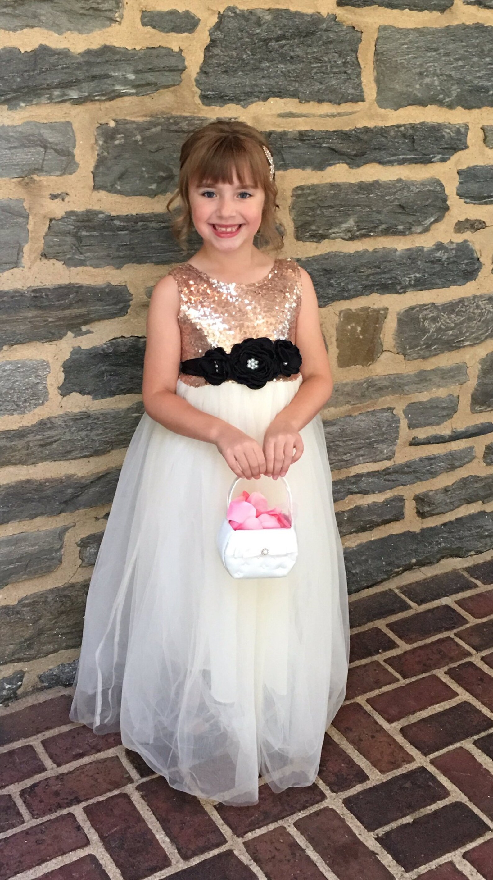 Cream Flower Girl Dress, Rose Gold Sequin Top, Floor Length Dress, Sash ...