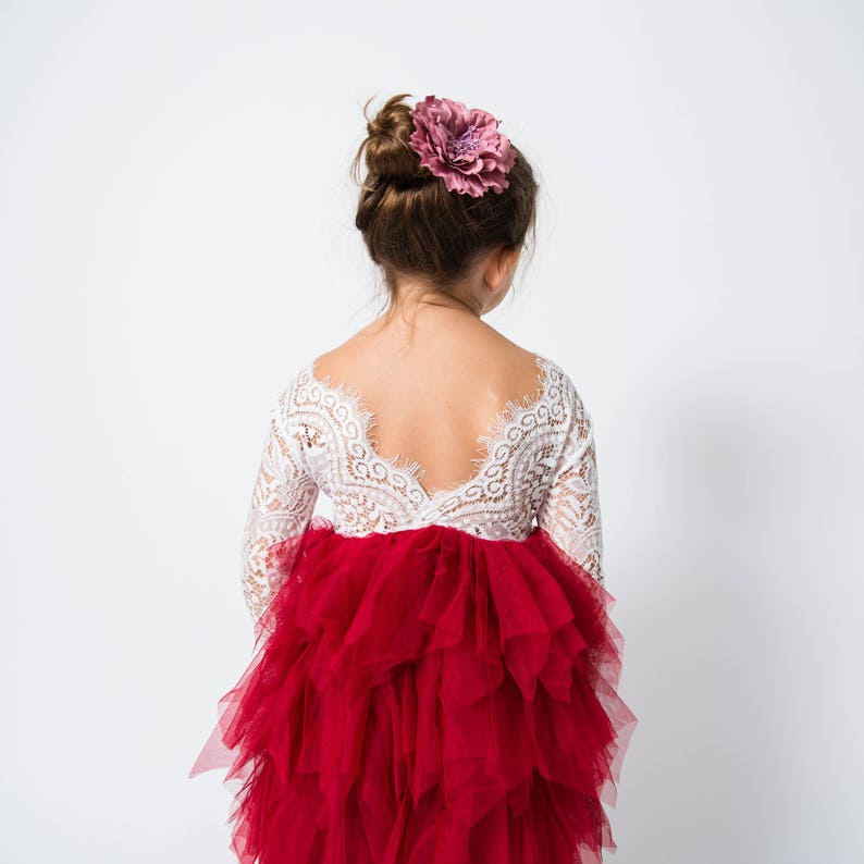 White Lace Flower Girl Dress Dark Red Tulle Long Sleeve Etsy