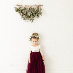 White Lace Flower Girl Dress, Wine Tulle Long Sleeve Wedding Gown ...