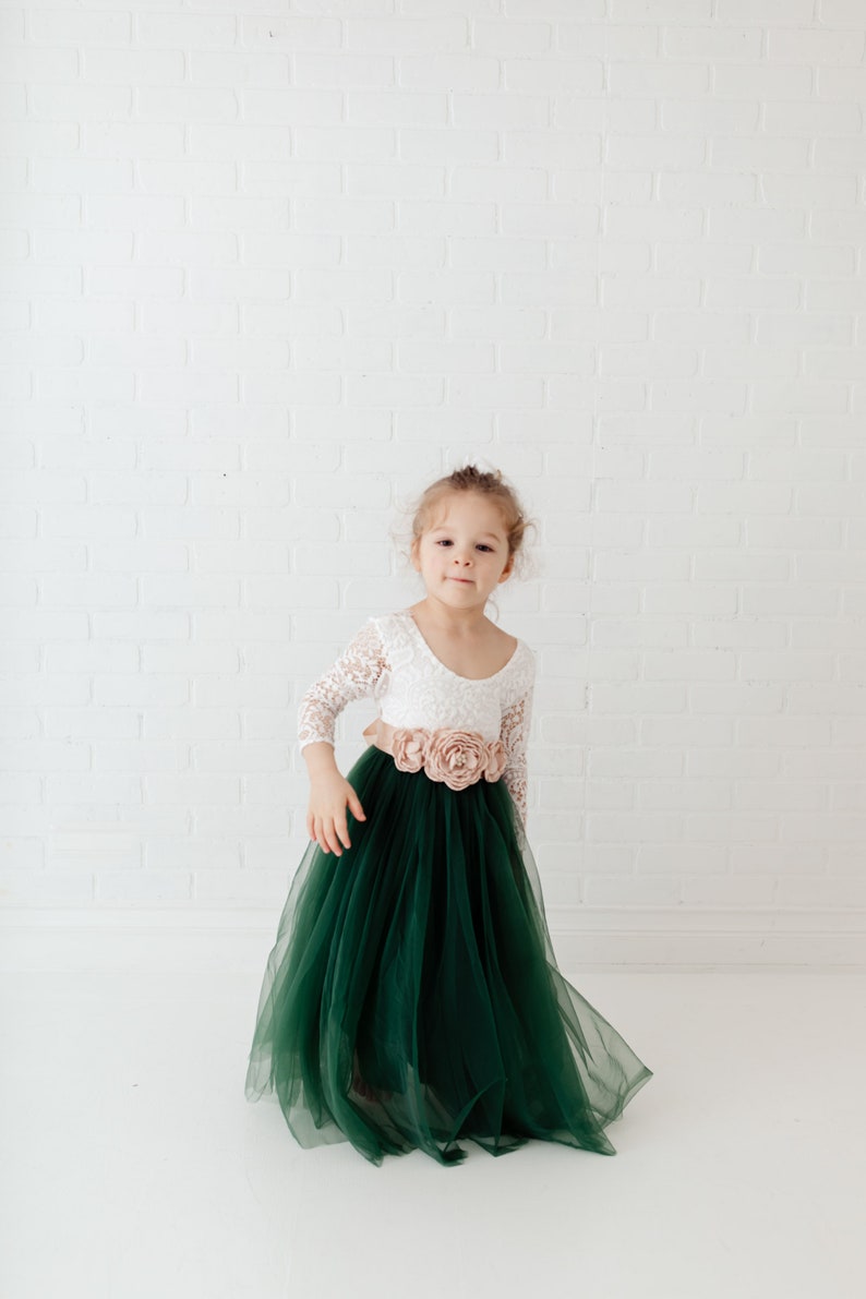 Hunter Green Tulle Flower Girl Dress White Lace Long Sleeve Etsy