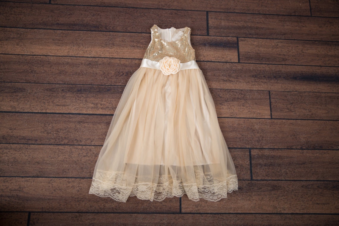 Champagne Cream Flower Girl Dress, Gold Sequin Top, Floor Length Dress ...