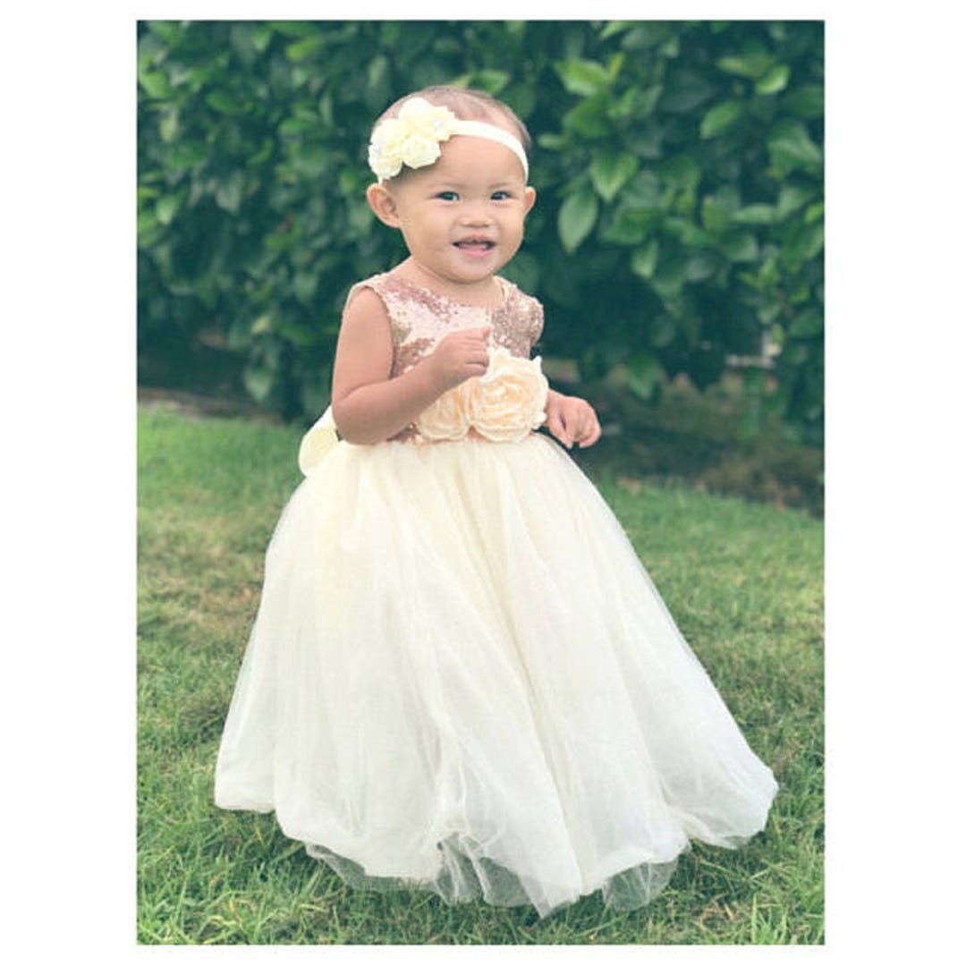Cream Flower Girl Dress, Rose Gold Sequin Top, Floor Length Dress, Sash ...