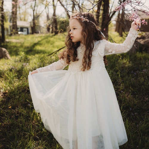 Long Sleeve Lace Flower Girl Dress Rustic Tulle Wedding Etsy