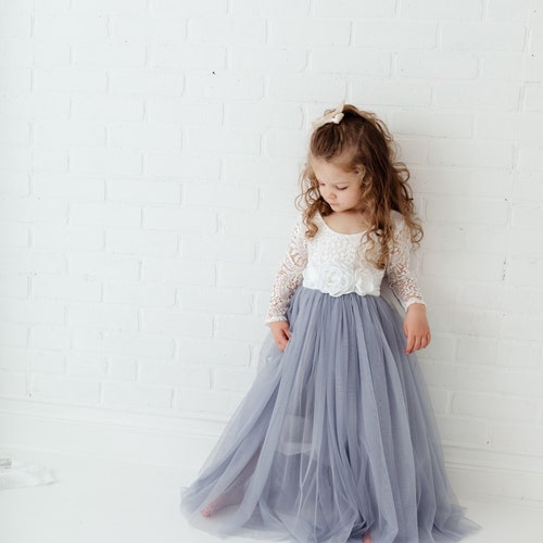 White Lace Flower Girl Dress Dusty Blue Long Sleeve Wedding Etsy