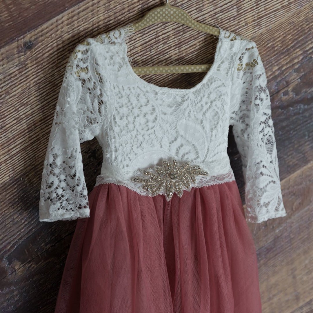 Rustic Long Sleeve Flower Girl Dress, Dusty Rose Tulle Dresses, Boho ...
