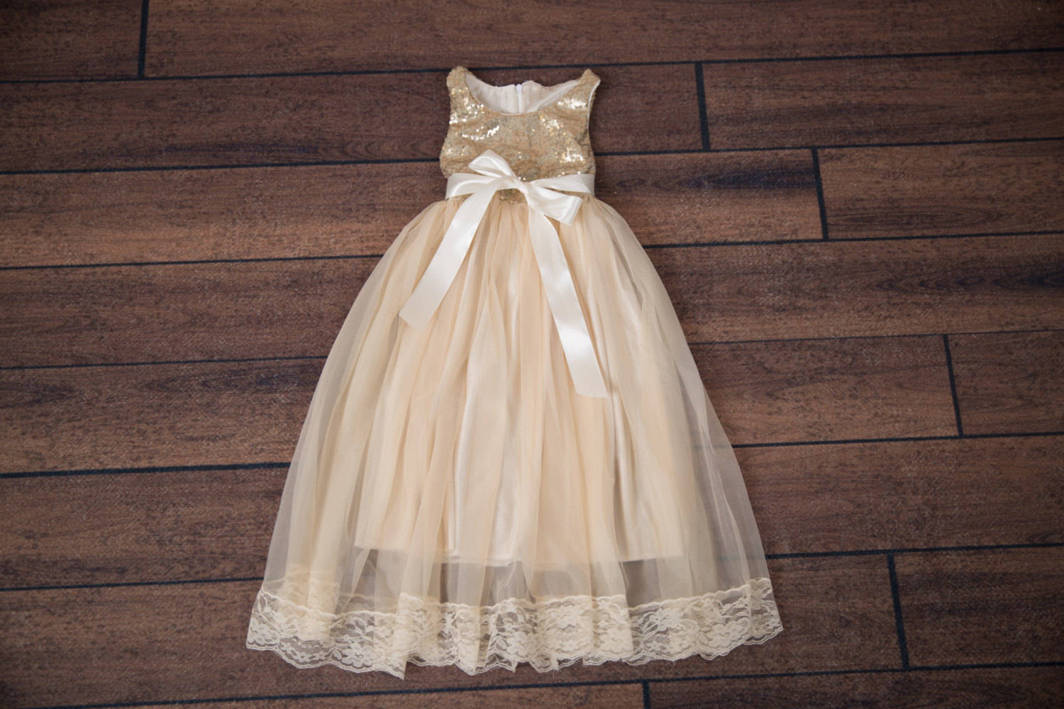 Cream Flower Girl Dress, Gold Sequin Wedding Gown, Floor Length Dress ...