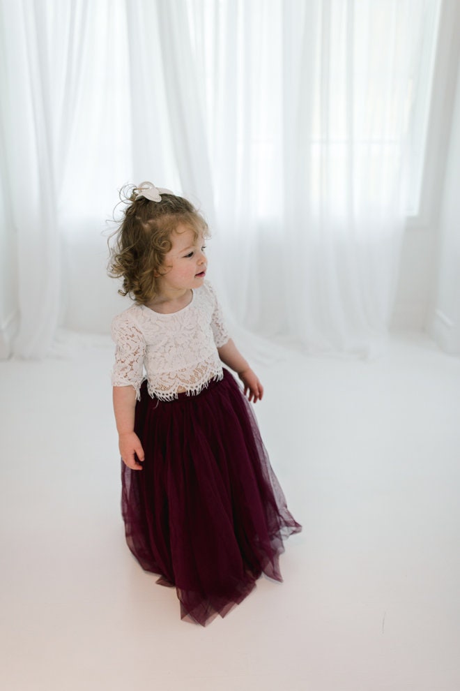 Wine Tulle Two Piece High Waist Tutu Skirt, Maroon Romantic Lace Flower ...