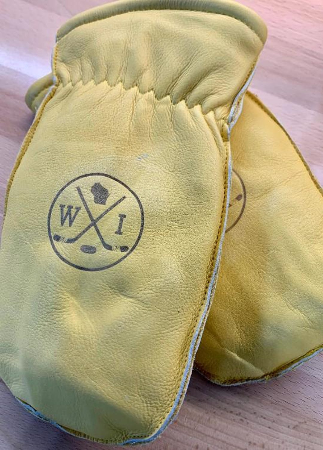 Leather Chopper Mittens With Wisconsin Hockey Logo Engraved | Custom ...