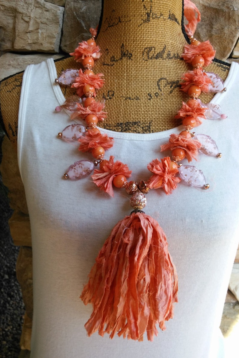 Orange Boho Tassel Sari Silk Ribbon Statement Necklace | Etsy