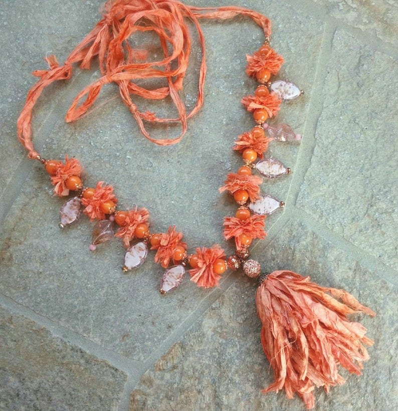 Orange Boho Tassel Sari Silk Ribbon Statement Necklace | Etsy