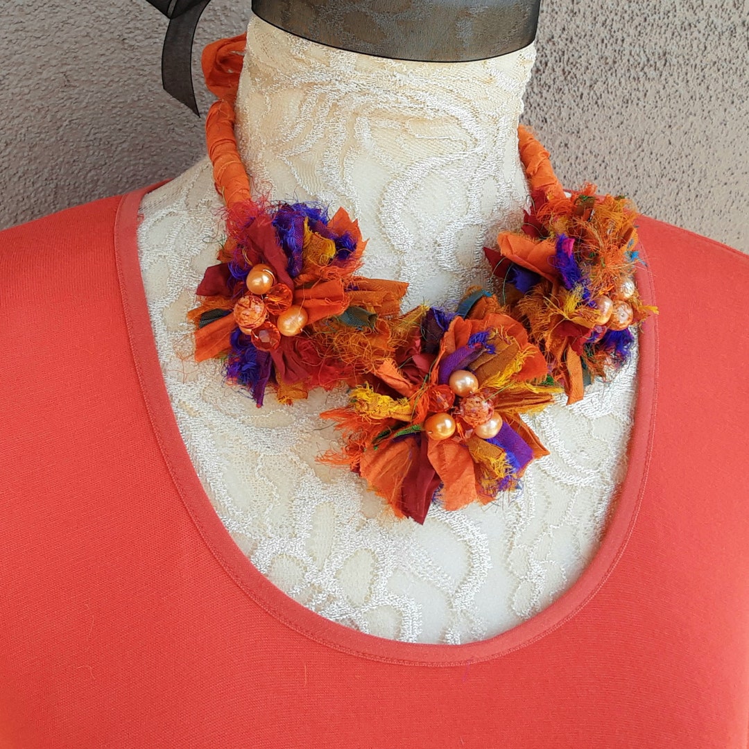 Burnt Orange Sari Silk Flower Statement Necklace Unique Gift for Her ...