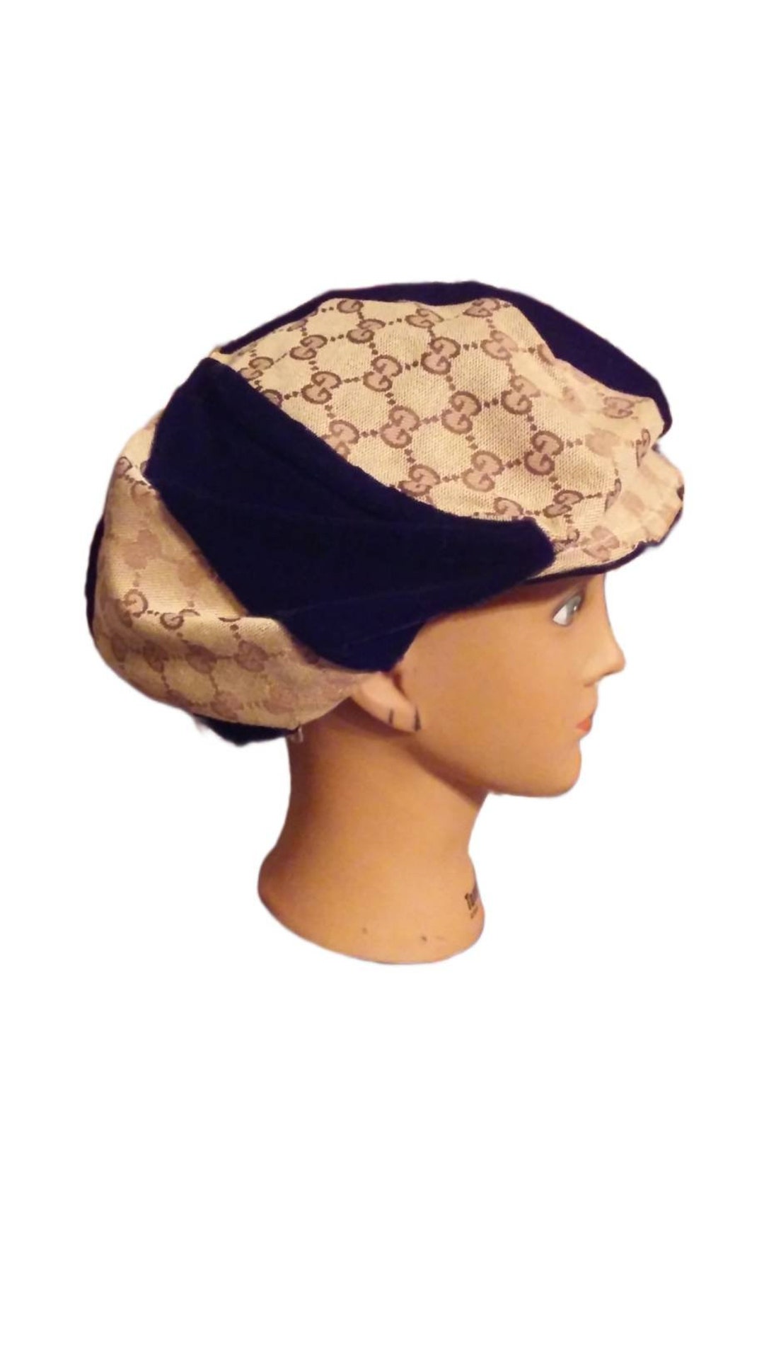 Baker Boy Hat. Black With Tan and Brown Designer Fabric and Gold Center ...