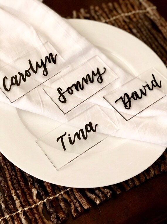 Clear rectangle placecards handwritten acrylic escort cards | Etsy