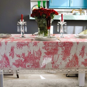 Linen Tablecloth, Toile De Jouy Linen, Lace Tablecloth, 4-6 Guest ...