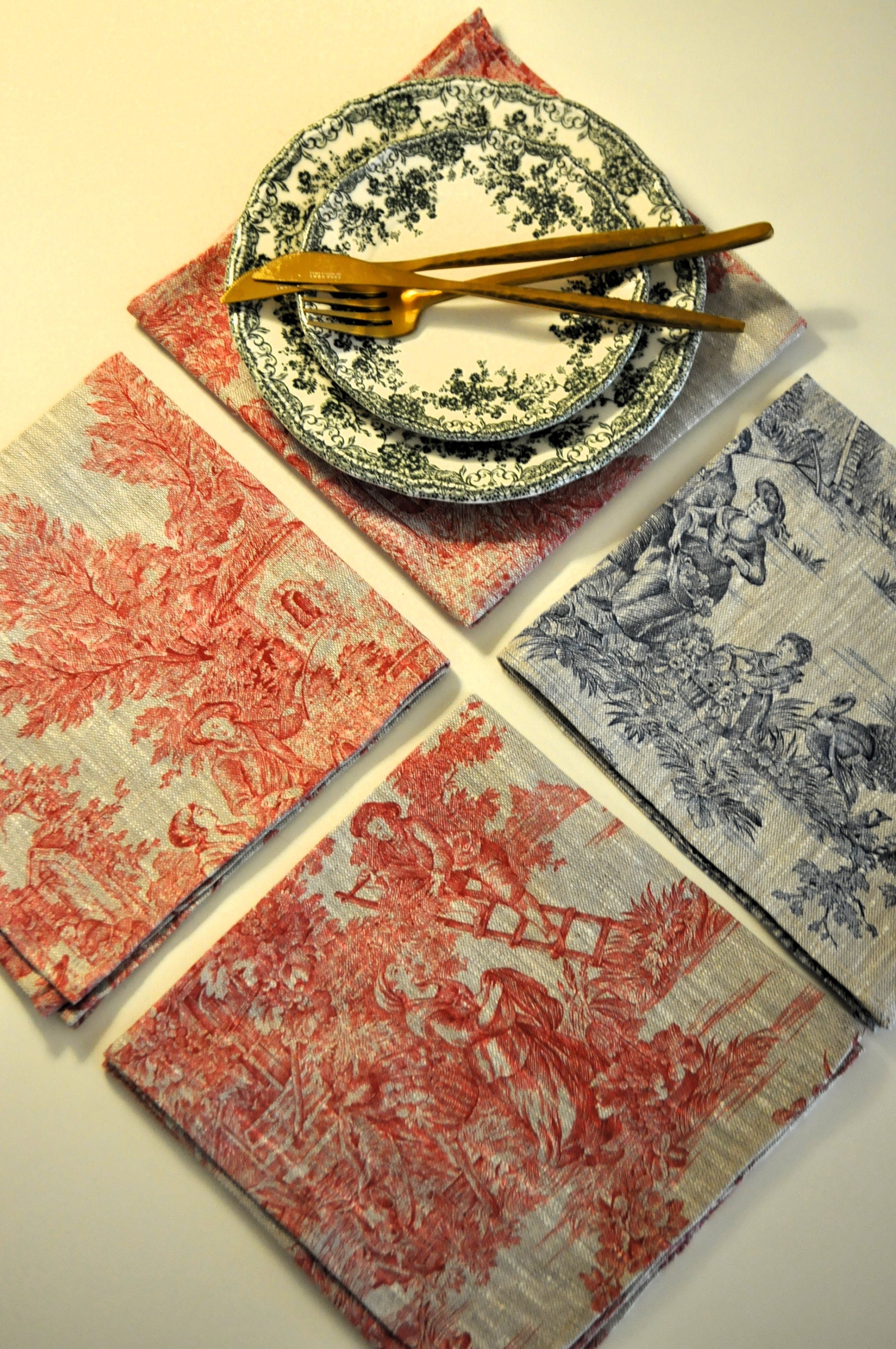 Toile De Jouy Napkin, Linen Vintage Napkin, Vintage Style Napkin, 6 ...