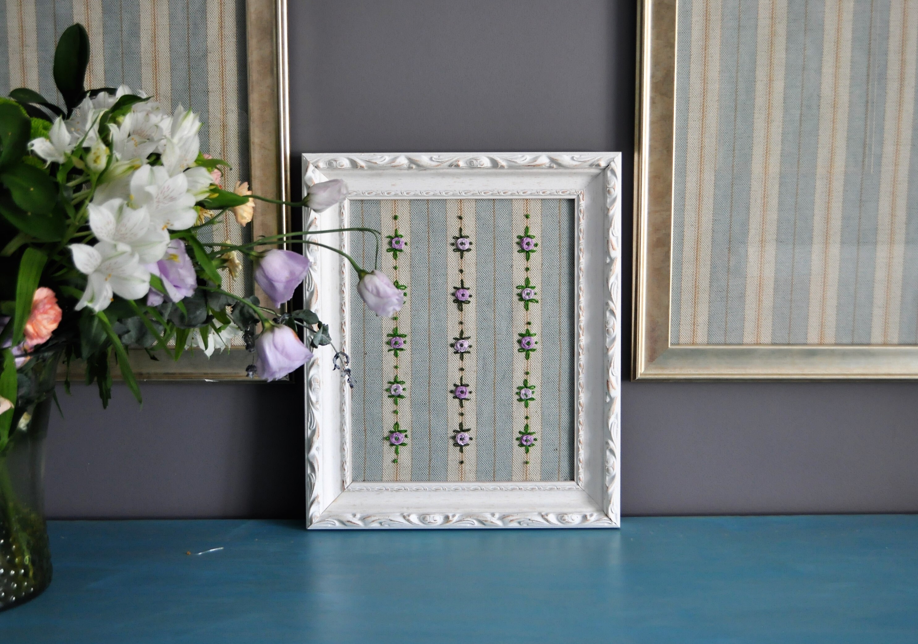 Embroidery in Frame, White Wood Frame, Striped Linen Frame, Hand ...
