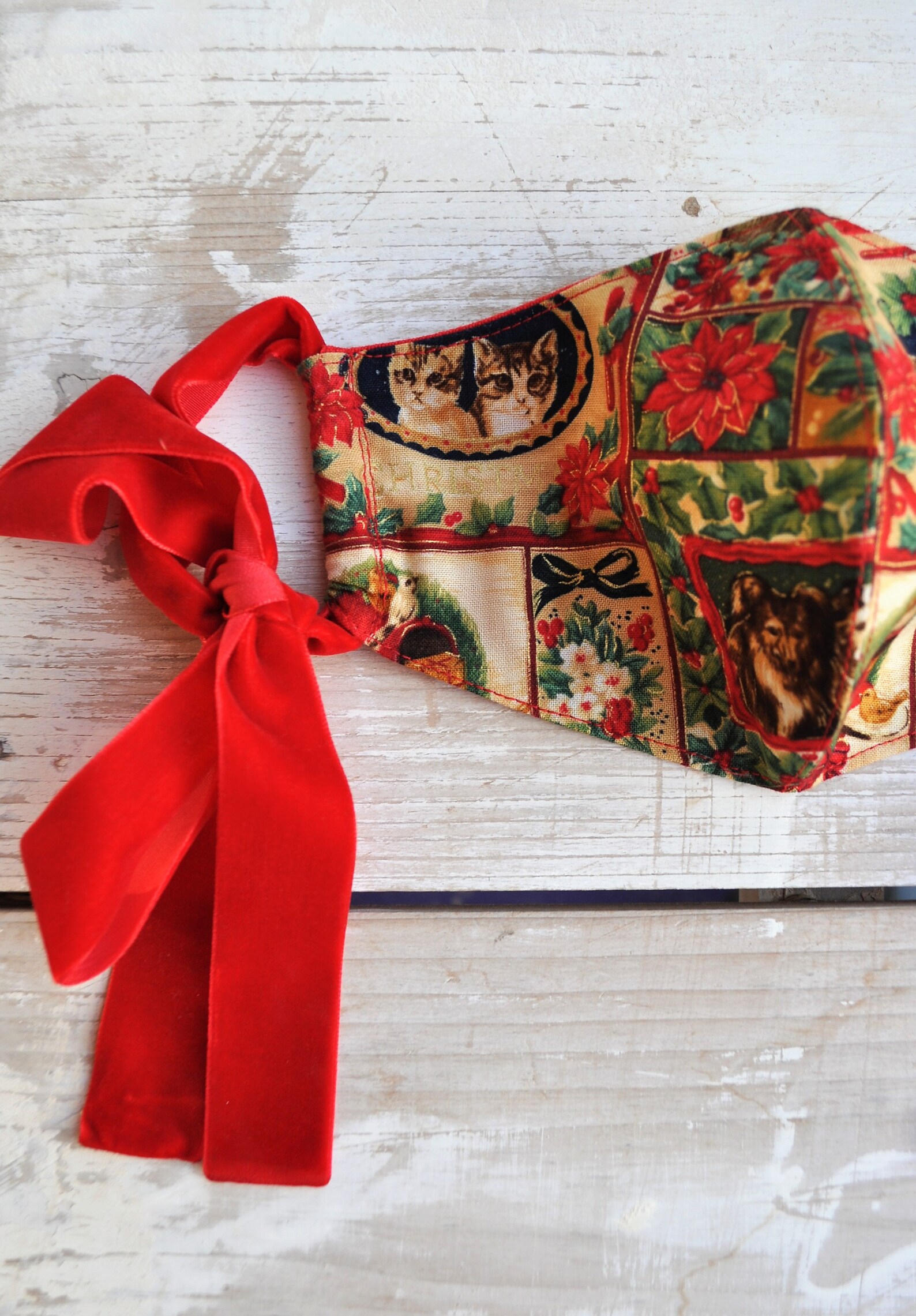 Christmas Print Mask, Velvet Tie Face Mask, Triple Layers Mask ...