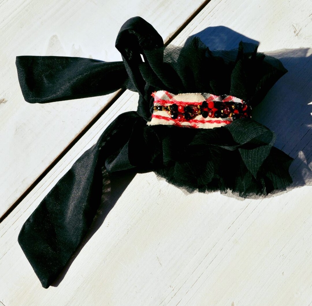 Black Jewel Cuff, Hippie Jewel Cuff, Jewel Cuff With Ties, Ruffle Silk ...