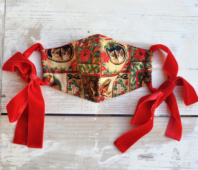 Christmas Print Mask, Velvet Tie Face Mask, Triple Layers Mask ...