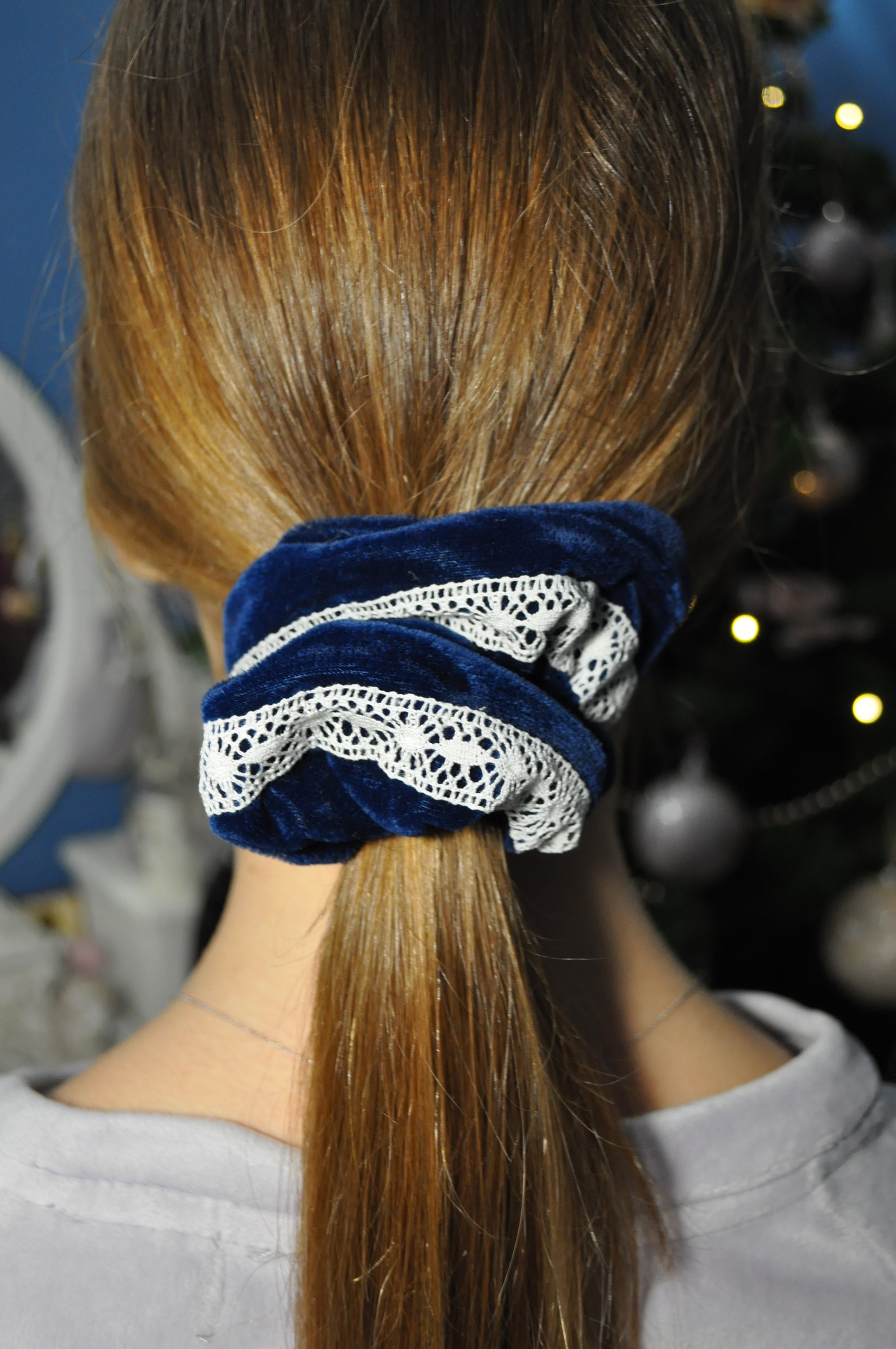 Large Blue Scrunchie, Blue Velour Hair Tie, Scrunchies Bracelet, Velvet ...
