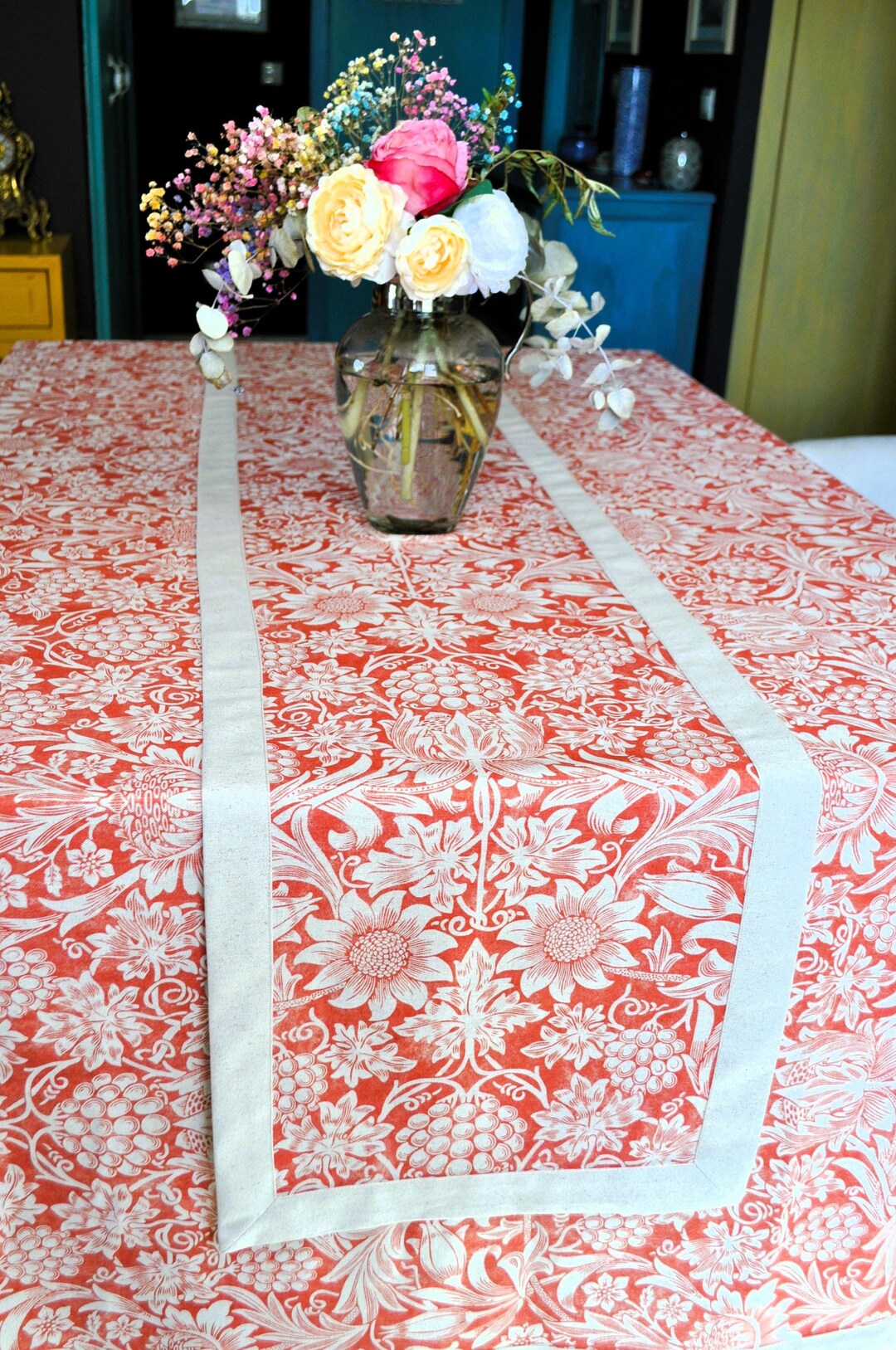 Coral Table Runner, Baroque Style Table, Cotton Table Runner, 2-4 Guest ...