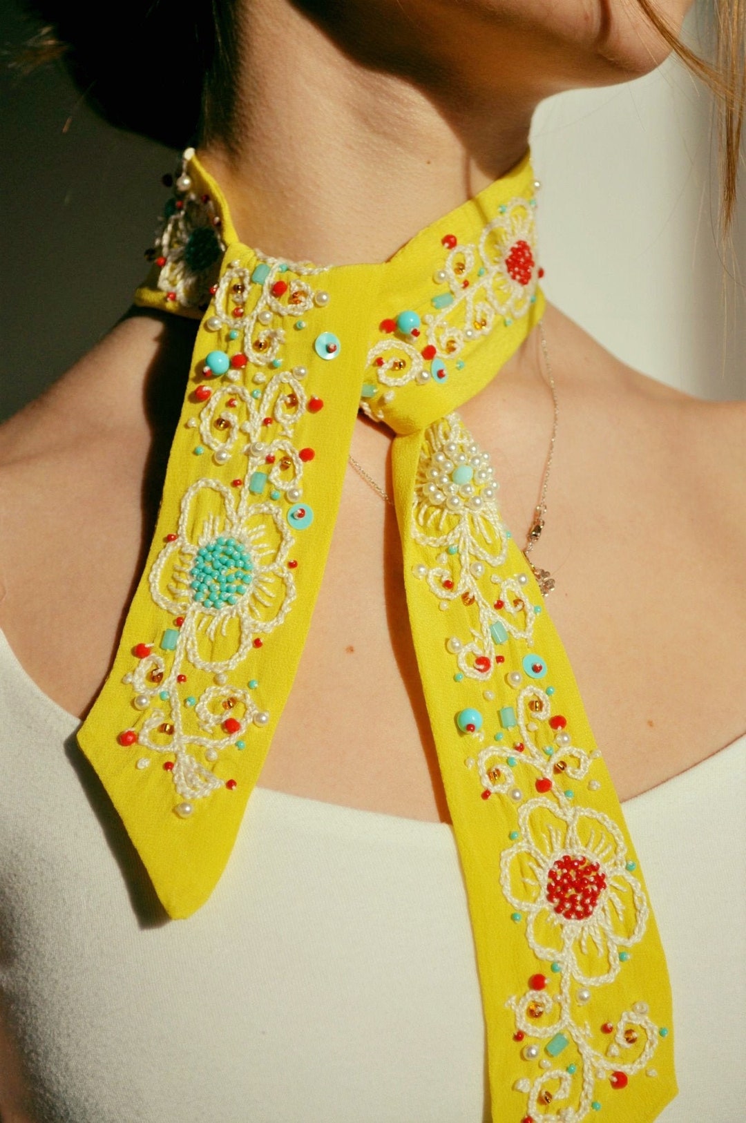 Embroidered Scarf, Hand Embroidered, Vintage Style Scarf, Silk Neck ...