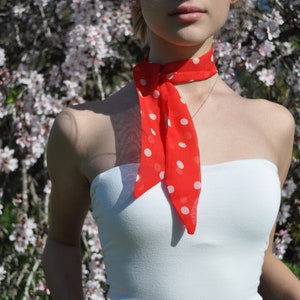 Silky Red Neck Scarf, Scarf Dotted Summer, Small Silky Scarf, Dotted ...
